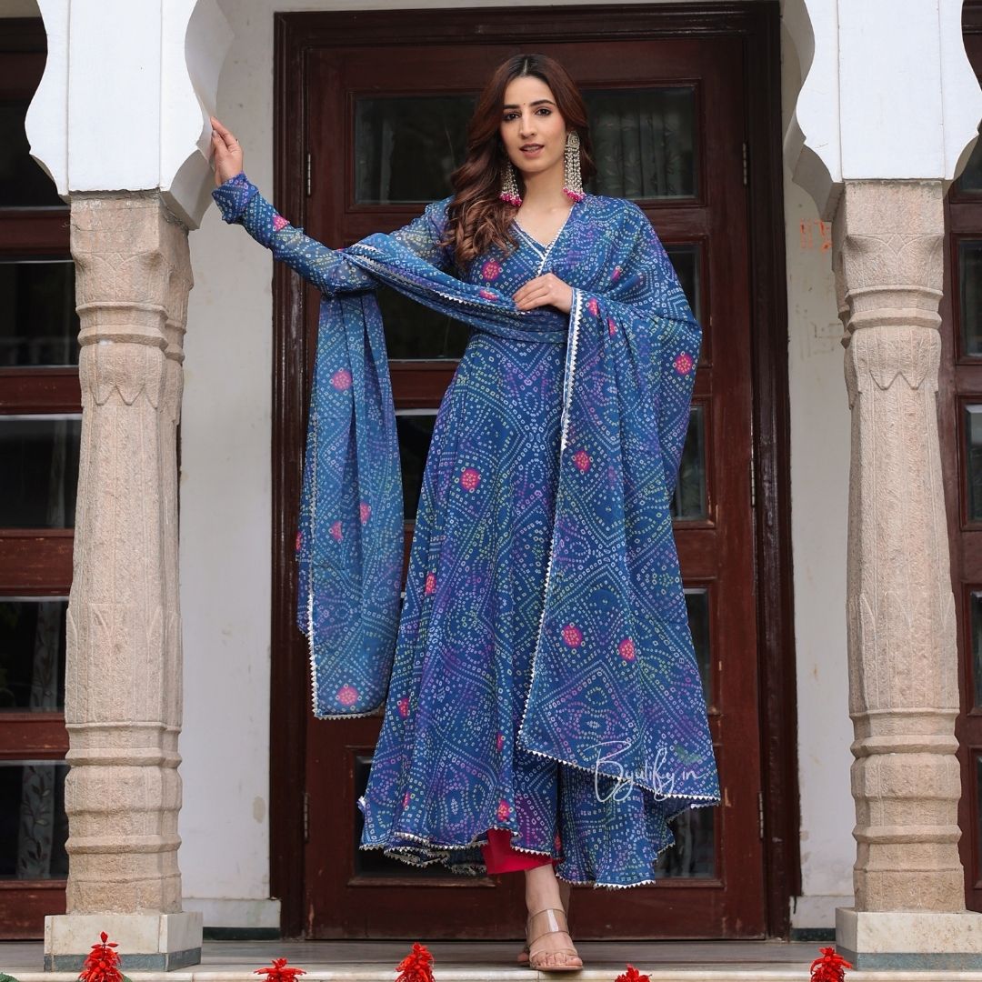 Teal Blue Bandhani Anghrkha style Anarkali Suit Set With Duptta ...