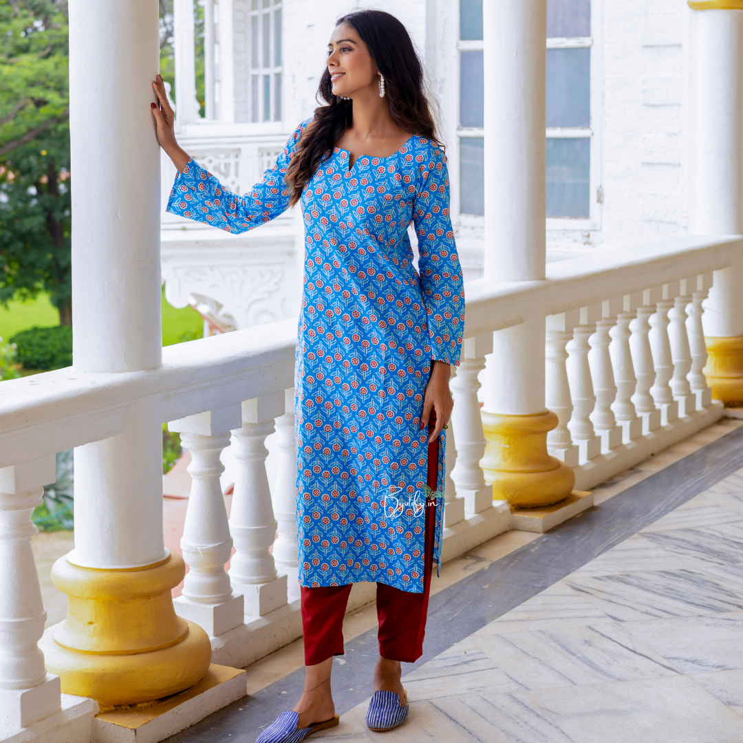 Blue Cotton Straight cut Kurta Set – Byutify.in