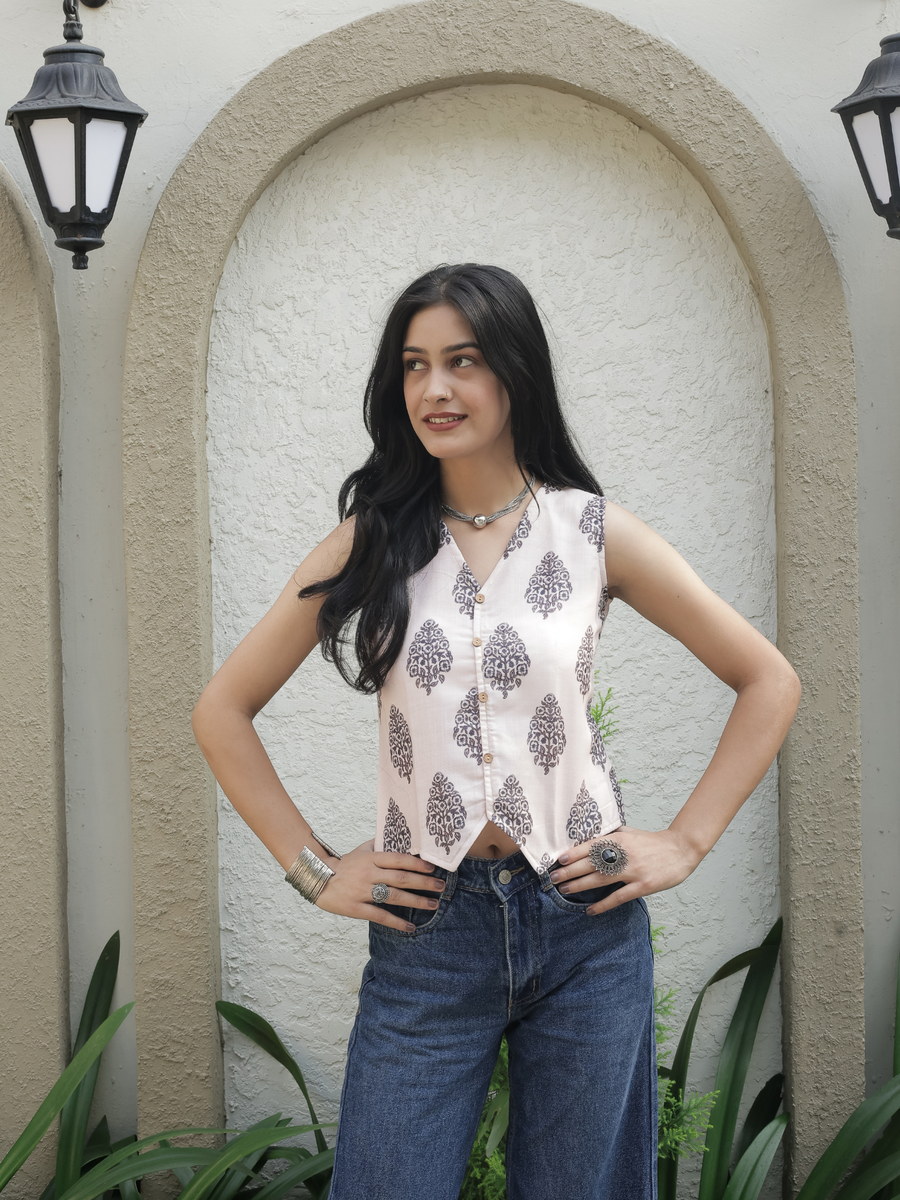 Off White Cotton Sleeveless Short Top – Byutify.in