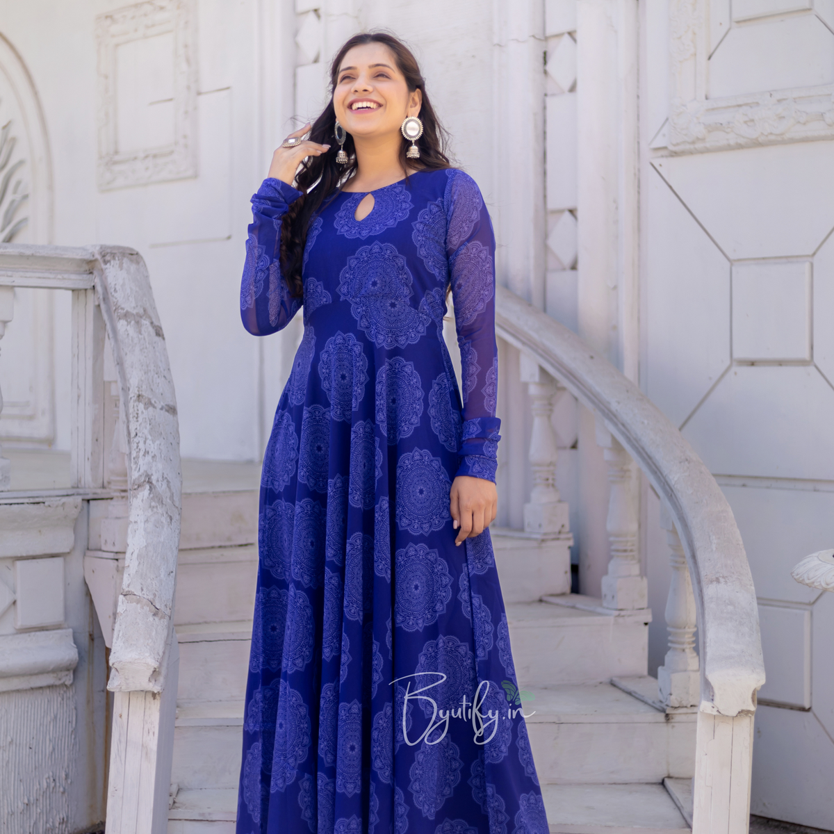 Navy Blue Colour Rangoli Print Flared Long Gown – Byutify.in
